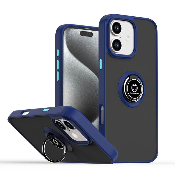 iPhone 16 Hard PC Case w/ Soft TPU Colorful Border & I-Ring Holder Gri ...